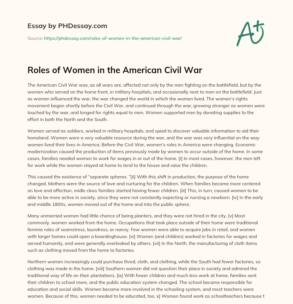 Roles of Women in the American Civil War - PHDessay.com