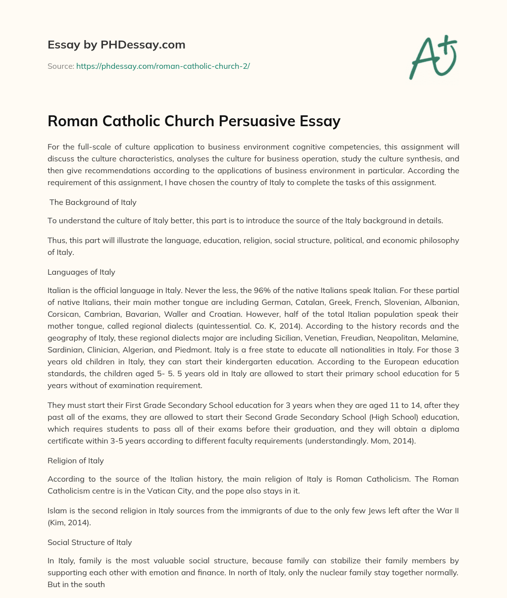 Roman Catholic Church Persuasive Essay - PHDessay.com