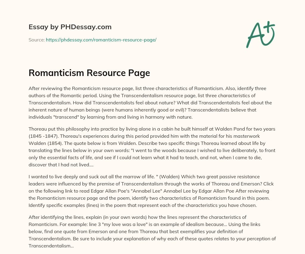 Romanticism Resource Page (300 Words) - PHDessay.com