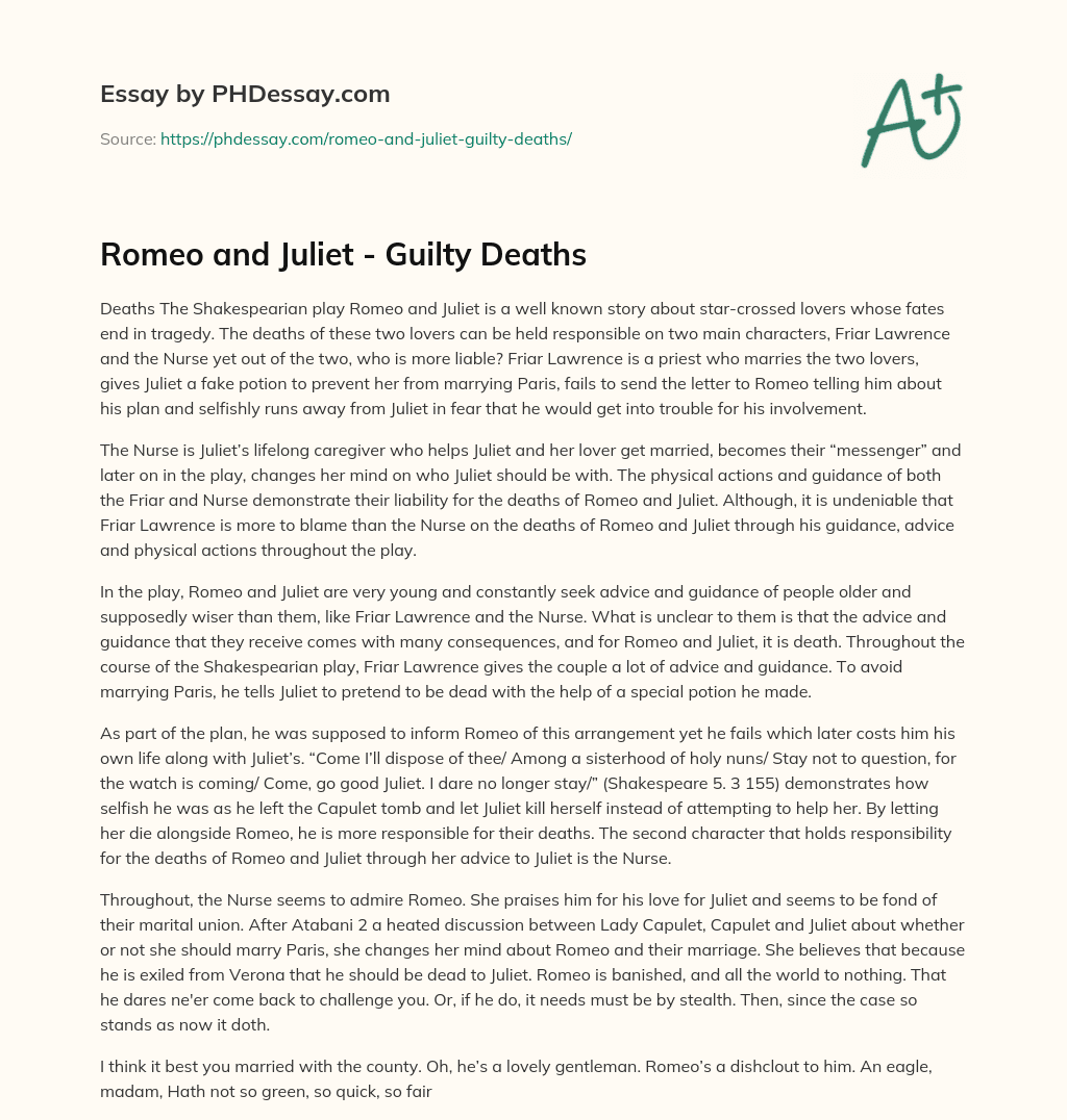 Romeo And Juliet - Guilty Deaths Essay Example - PHDessay.com