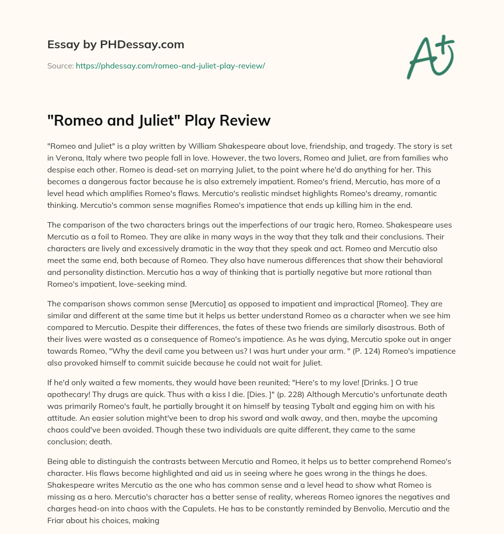 "Romeo And Juliet" Play Review Essay Example (600 Words) - PHDessay.com