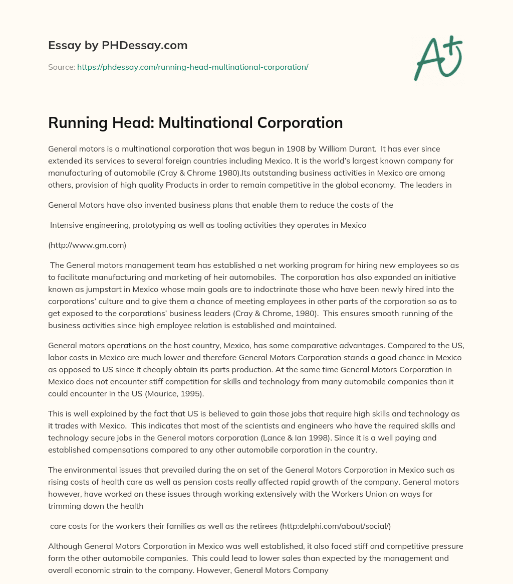 Running Head: Multinational Corporation - PHDessay.com