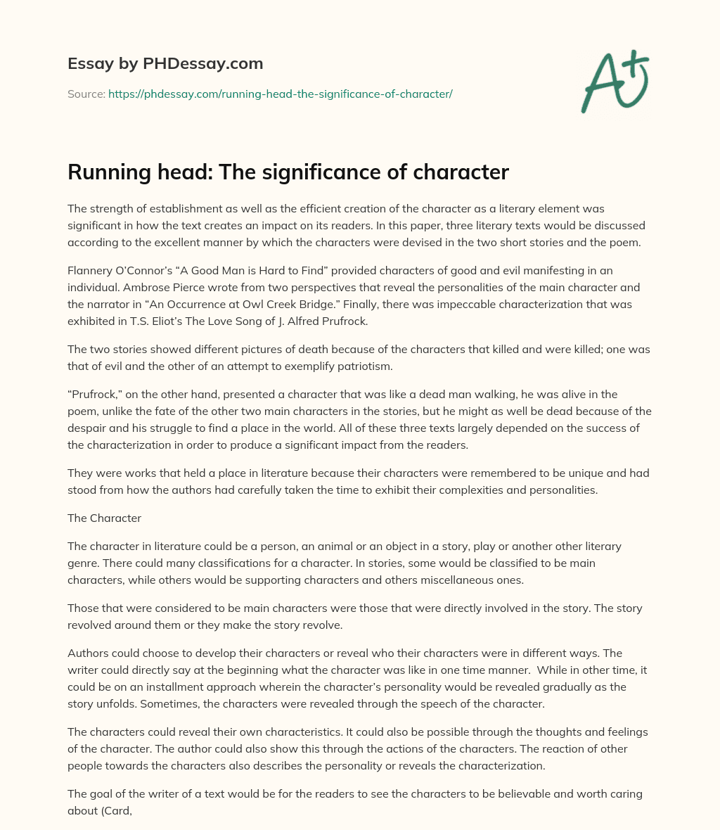 Running head: The significance of character - PHDessay.com