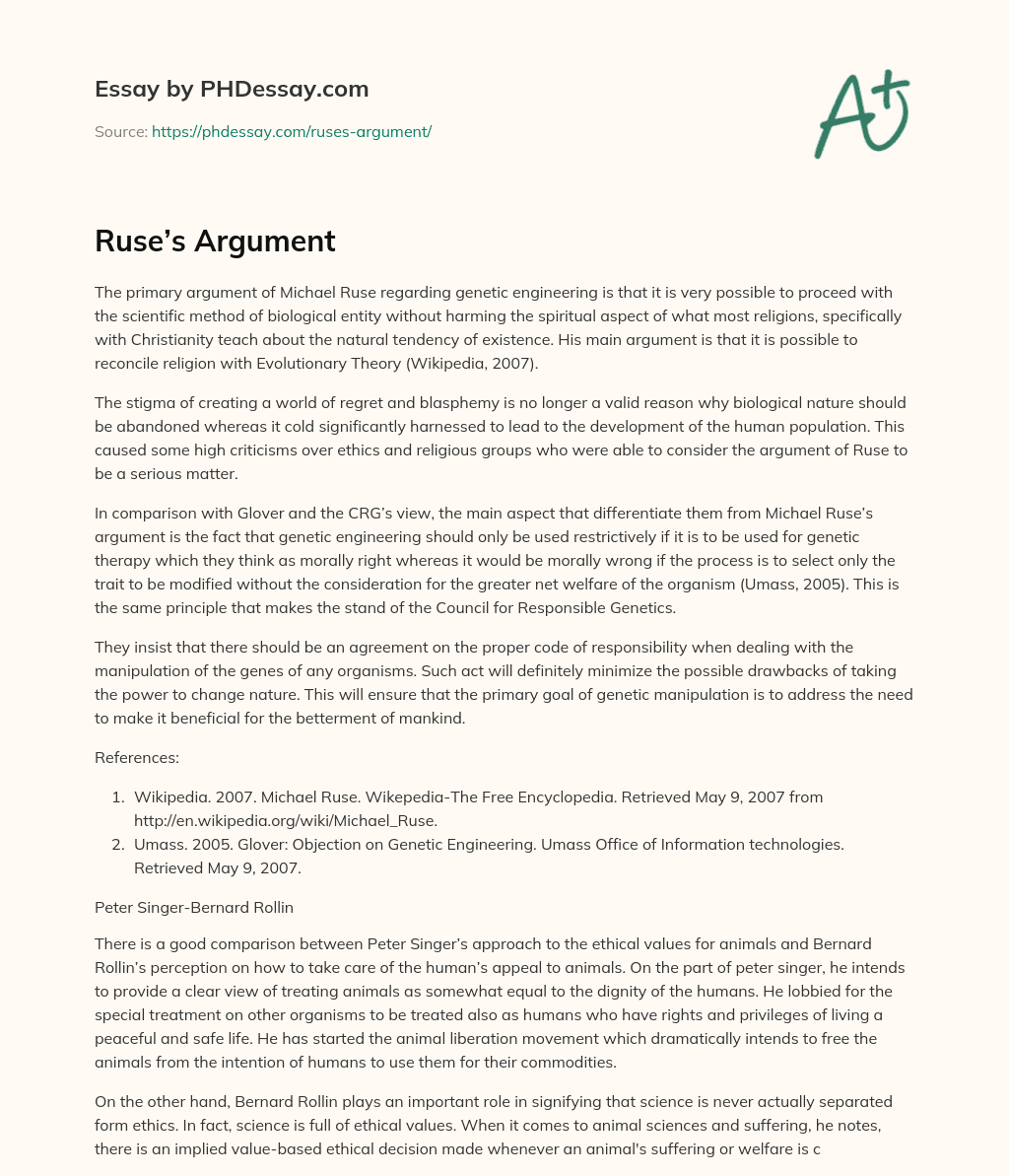 Ruse’s Argument (600 Words) - PHDessay.com