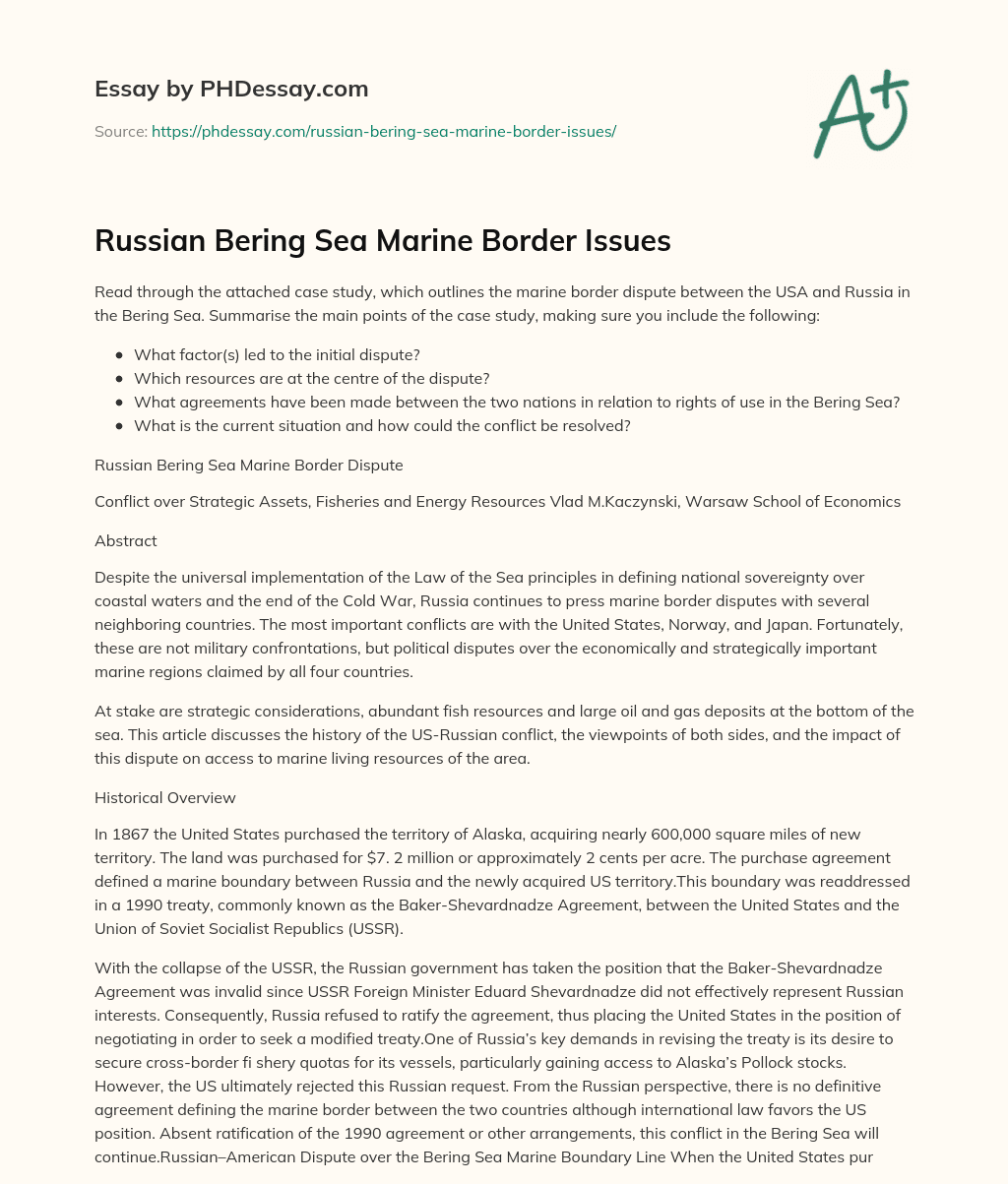 Russian Bering Sea Marine Border Issues - PHDessay.com