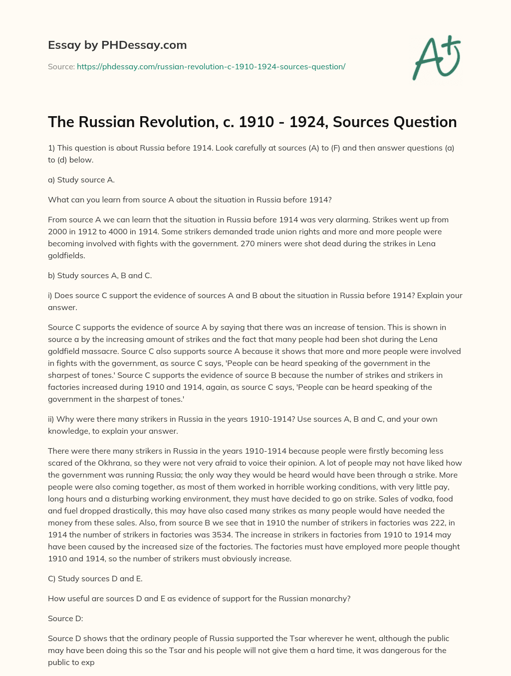 The Russian Revolution, c. 1910 - 1924, Sources Question - PHDessay.com