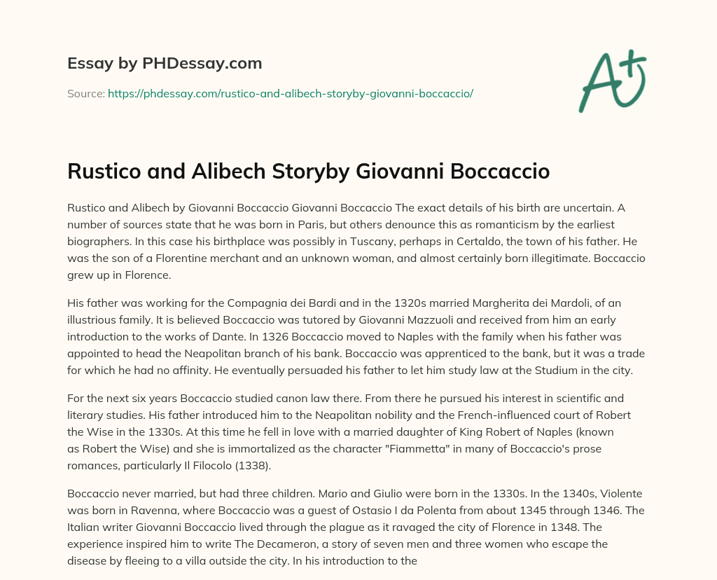 Rustico and Alibech Storyby Giovanni Boccaccio (300 Words) - PHDessay.com