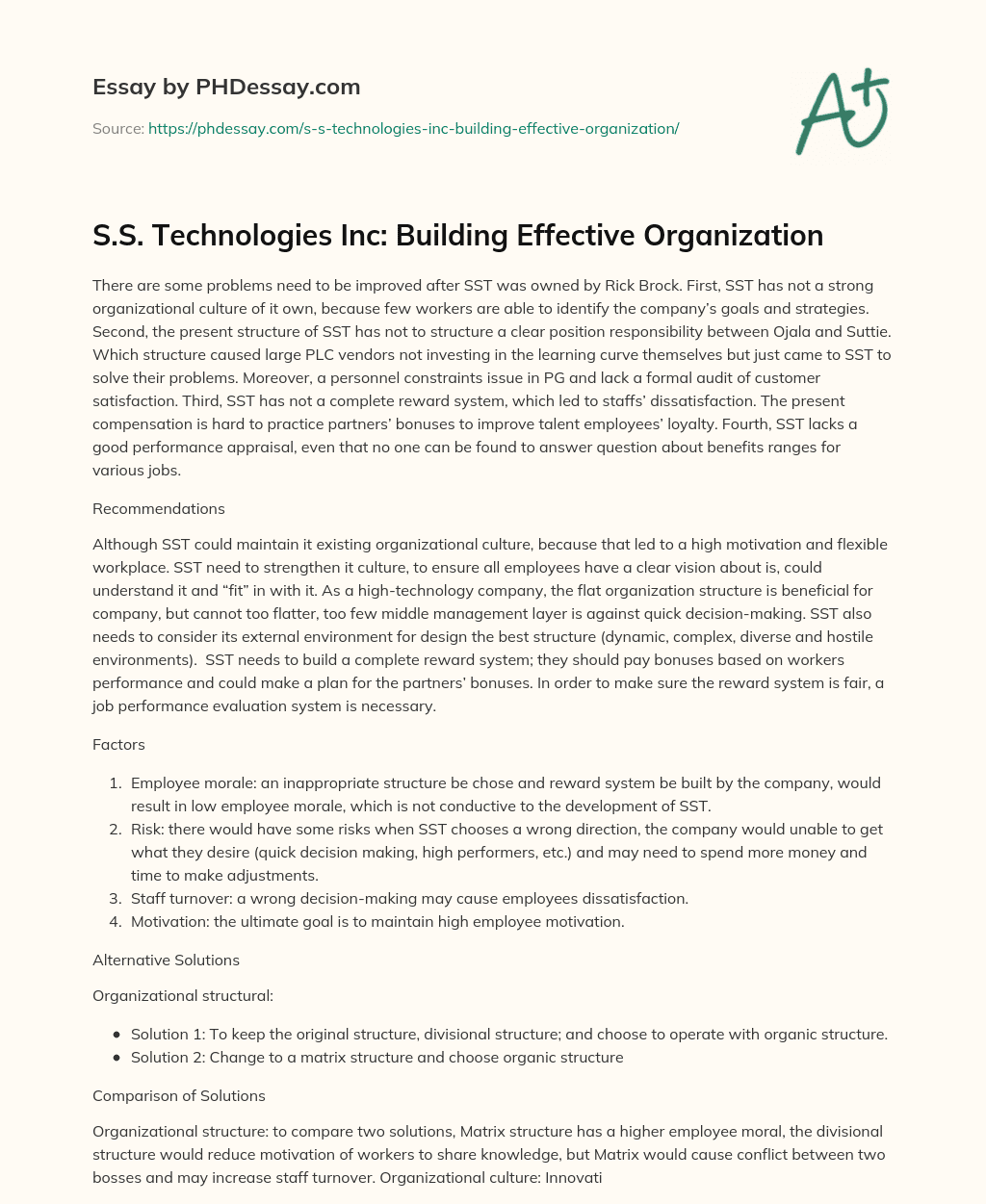 S.S. Technologies Inc: Building Effective Organization - PHDessay.com