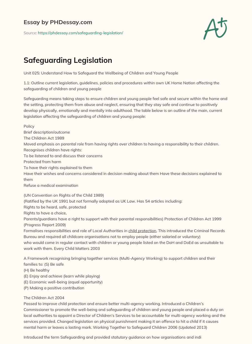 Safeguarding Legislation (500 Words) - PHDessay.com