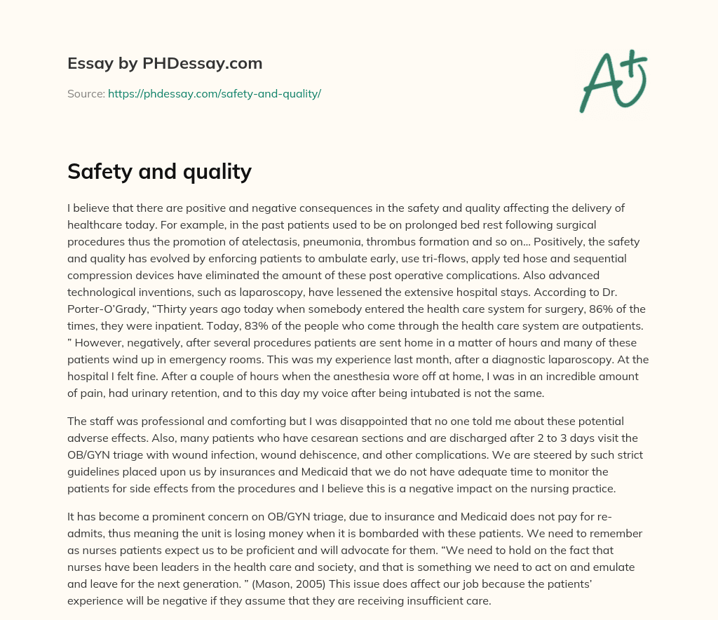 Safety and quality (400 Words) - PHDessay.com
