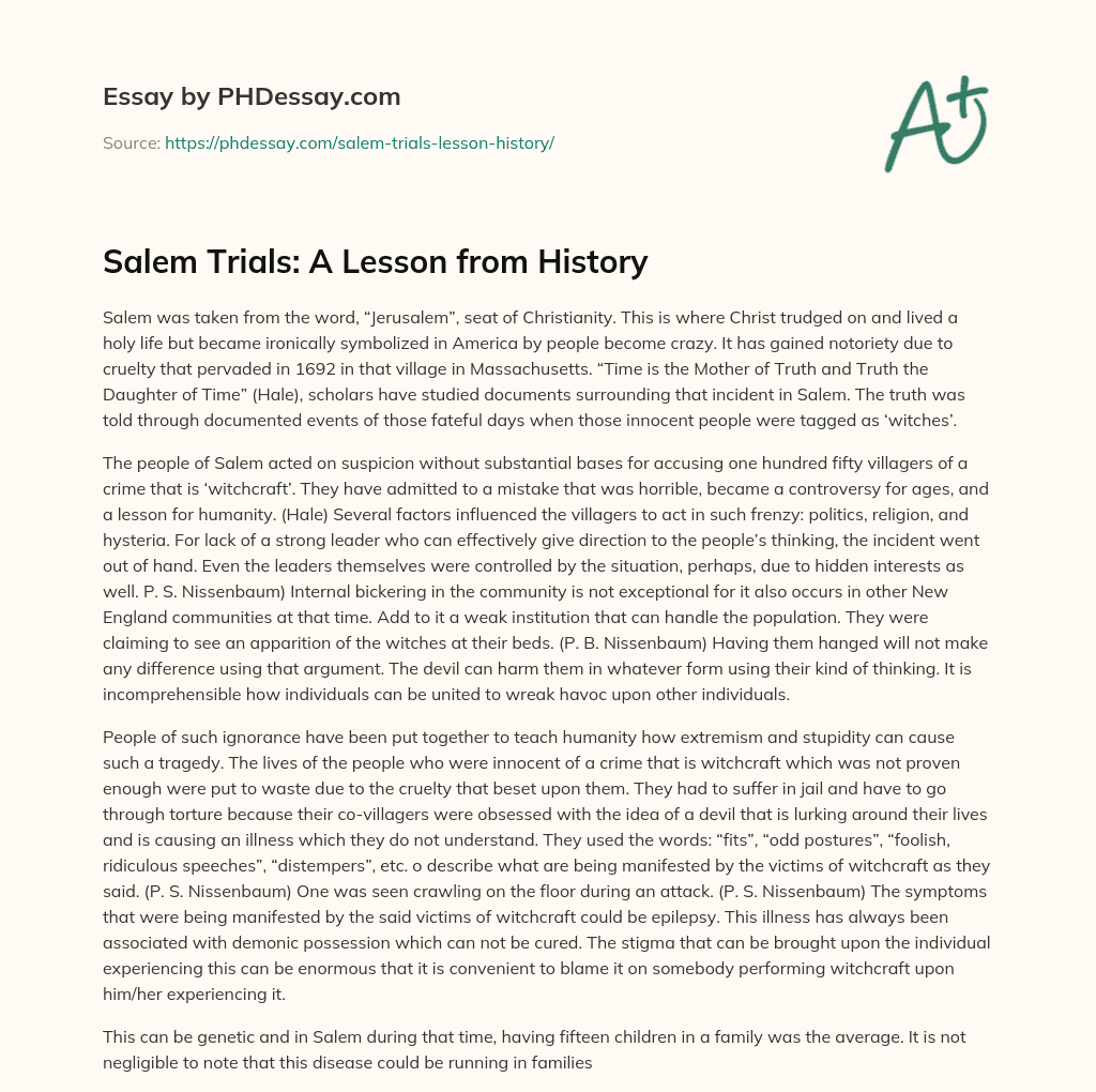 Salem Trials: A Lesson from History - PHDessay.com