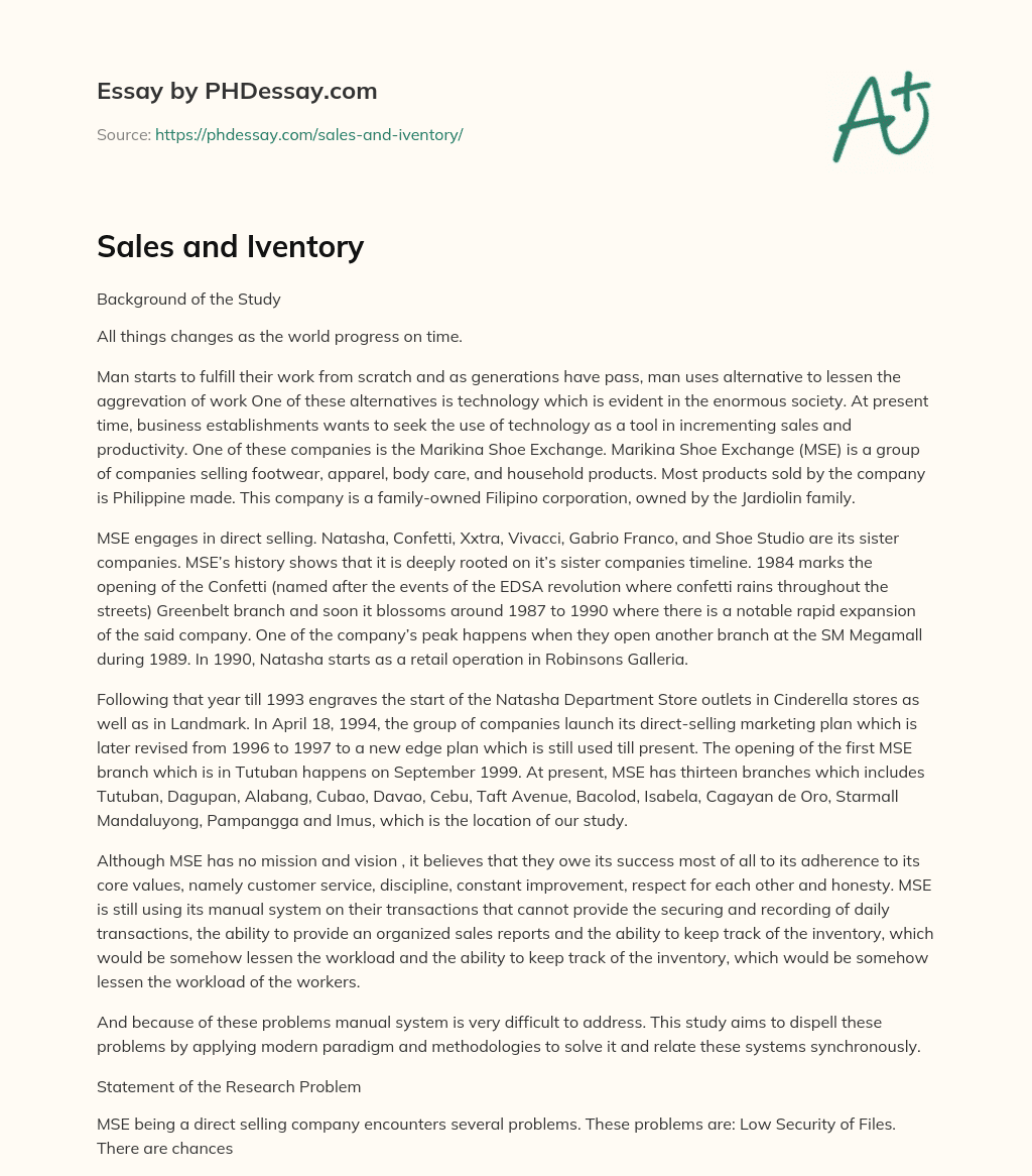 Sales and Iventory - PHDessay.com