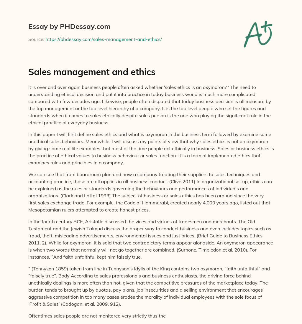 Sales management and ethics - PHDessay.com