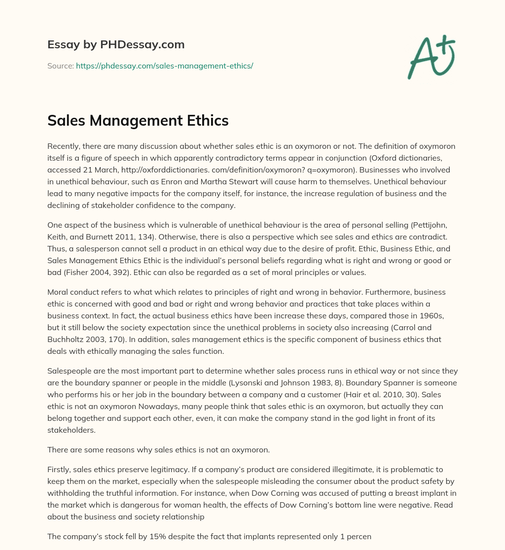 Sales Management Ethics - PHDessay.com