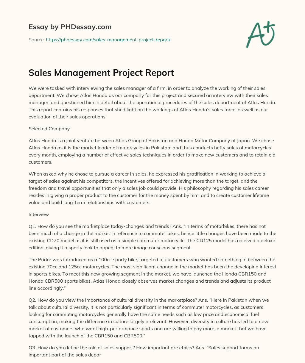 Sales Management Project Report - PHDessay.com