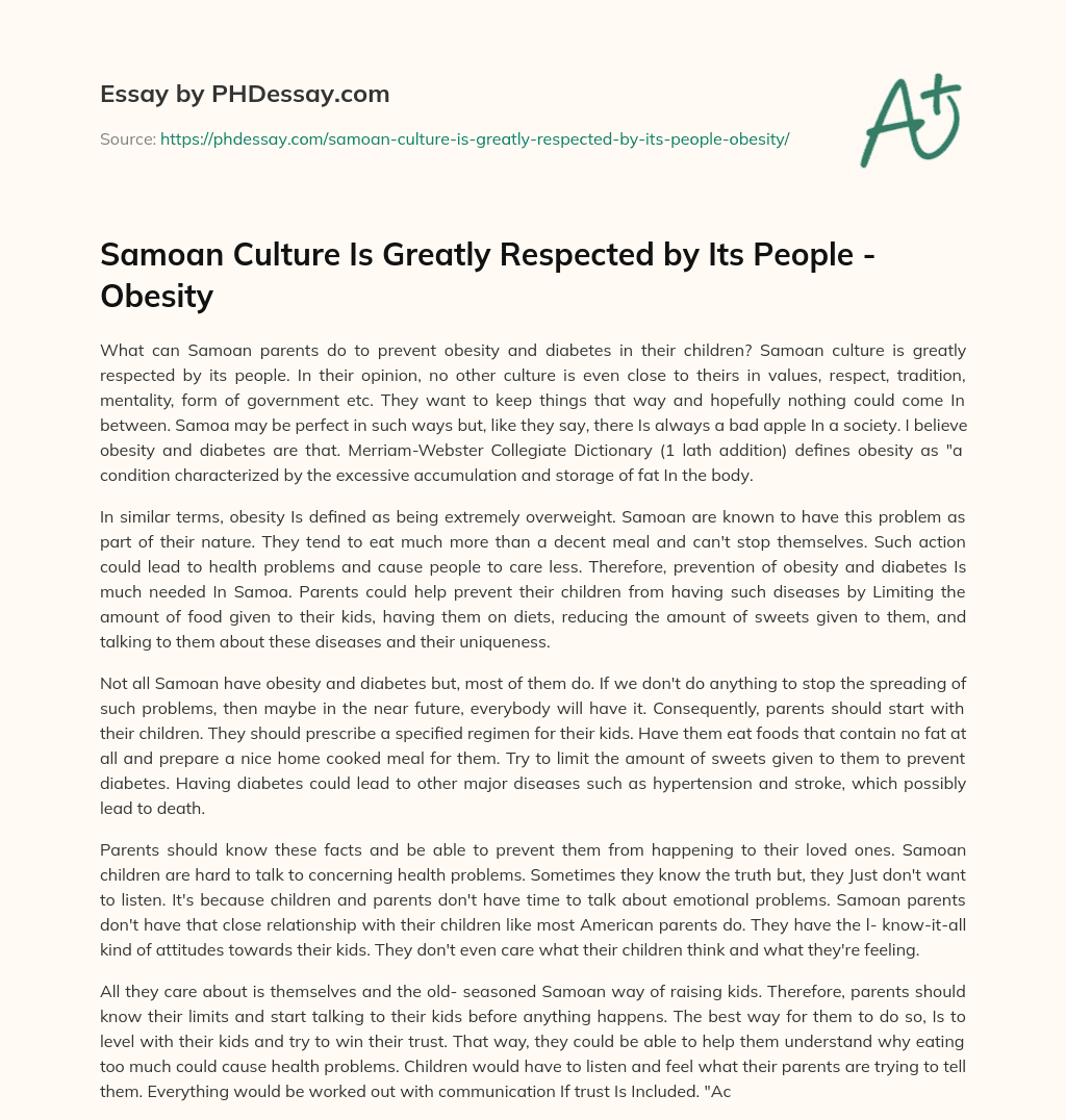 Samoan Culture Is Greatly Respected by Its People - Obesity - PHDessay.com