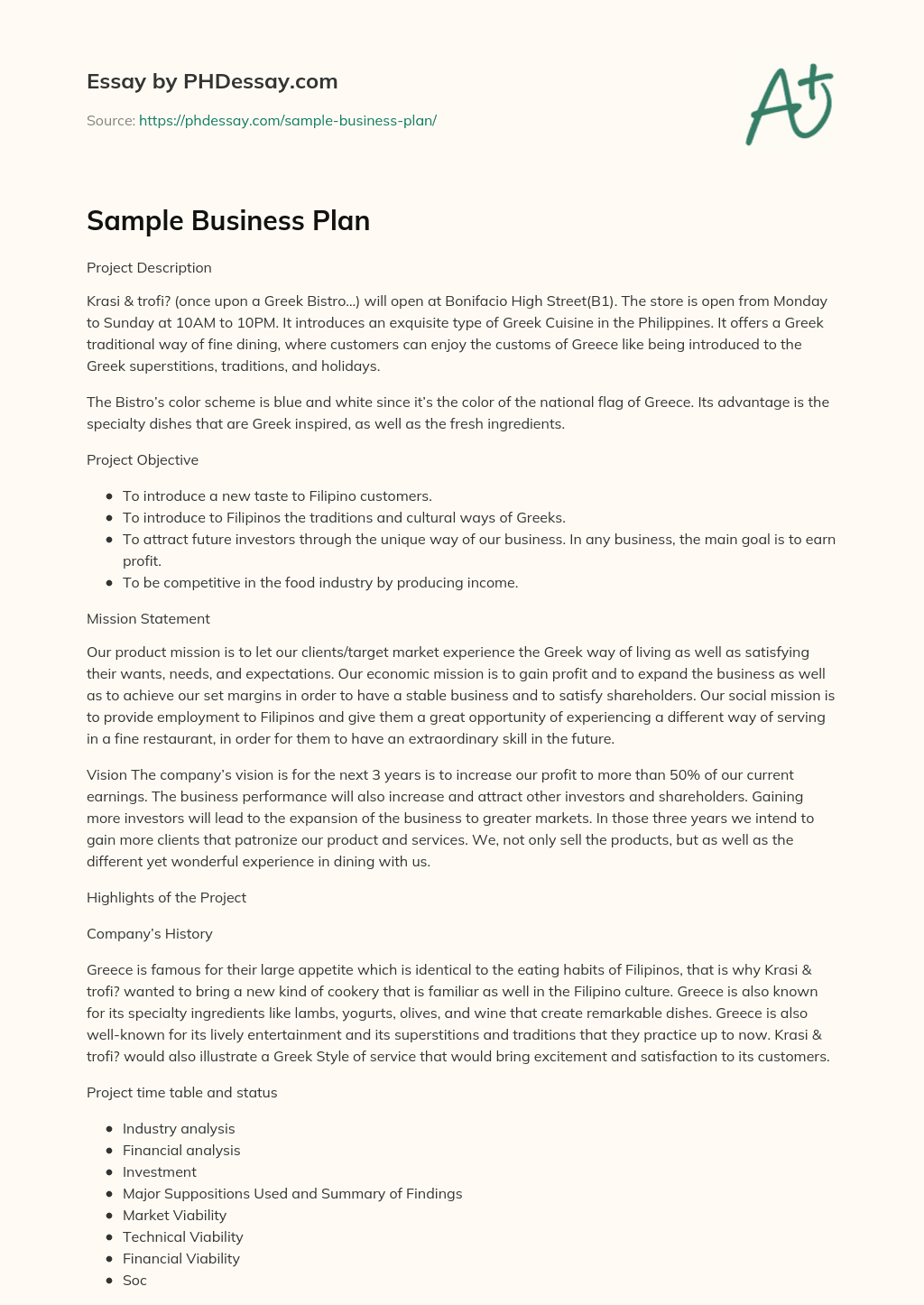 Sample Business Plan - PHDessay.com