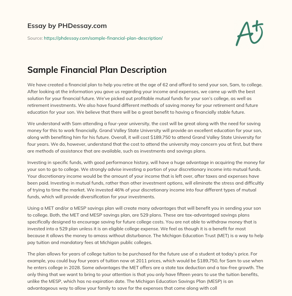 Sample Financial Plan Description - PHDessay.com