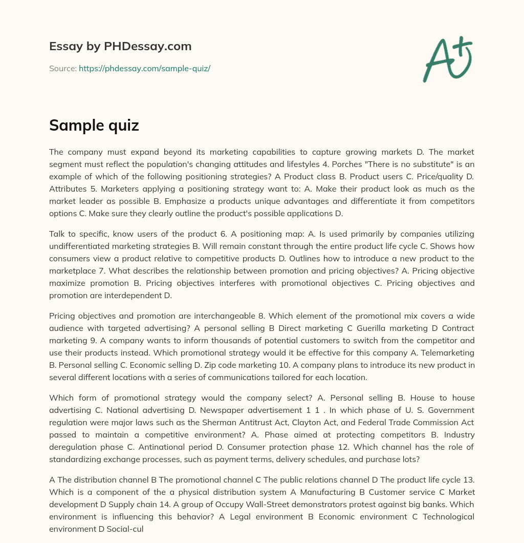 Sample quiz - PHDessay.com