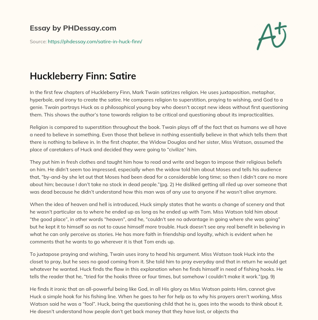 Huckleberry Finn: Satire Example - PHDessay.com