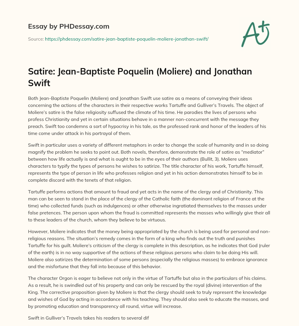 Satire: Jean-Baptiste Poquelin (Moliere) and Jonathan Swift - PHDessay.com
