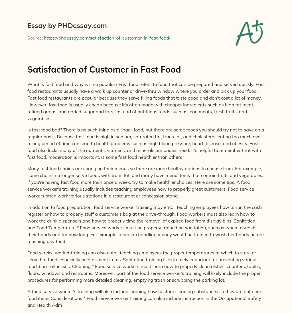 Satisfaction of Customer in Fast Food - PHDessay.com