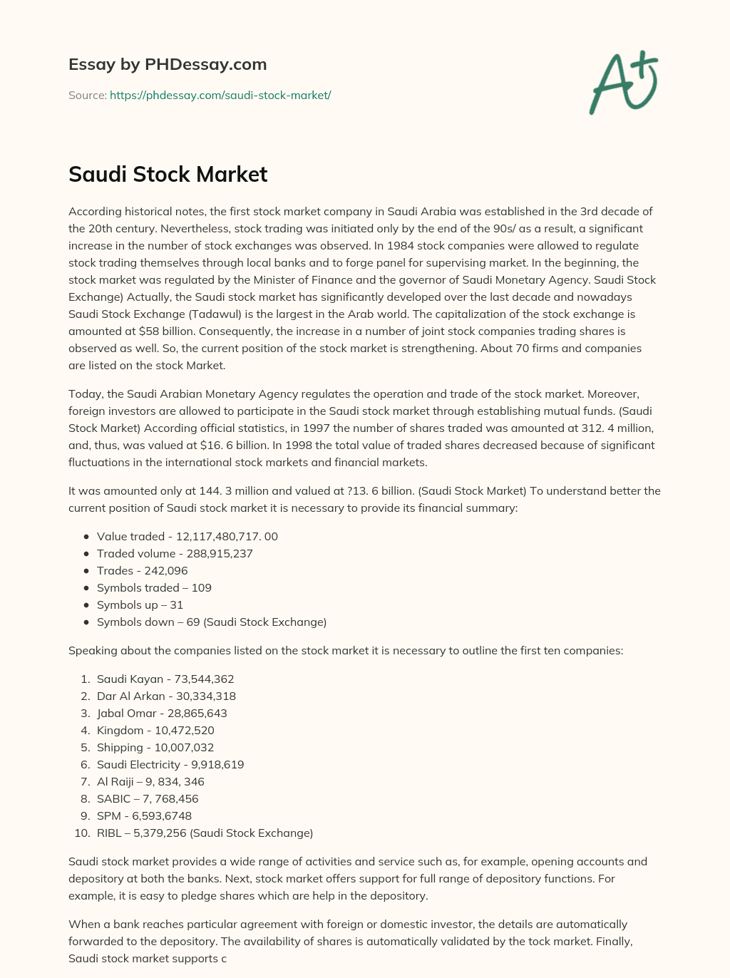 Saudi Stock Market (500 Words) - PHDessay.com