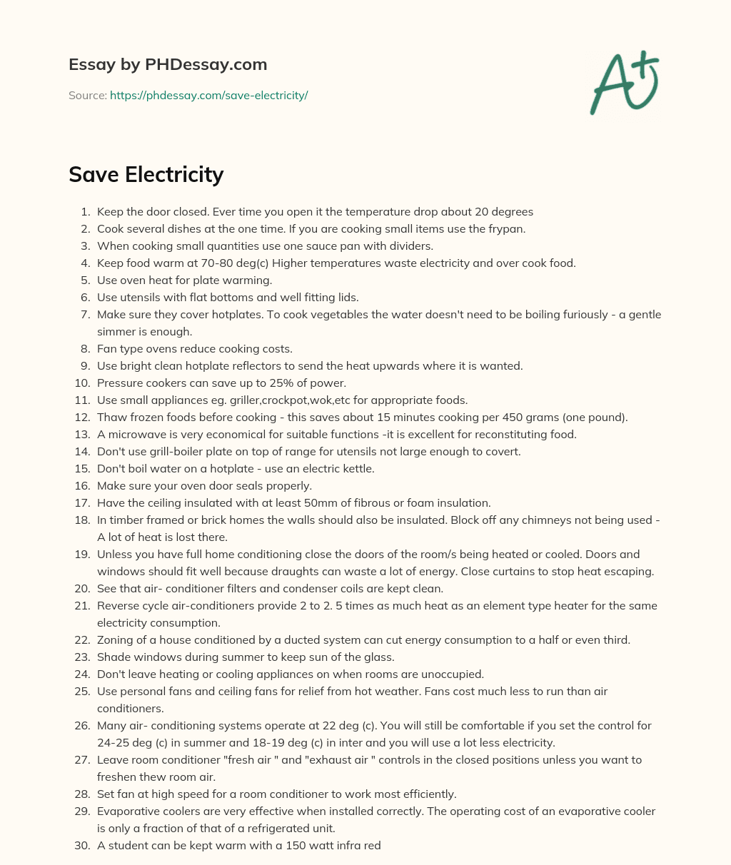 Save Electricity - PHDessay.com