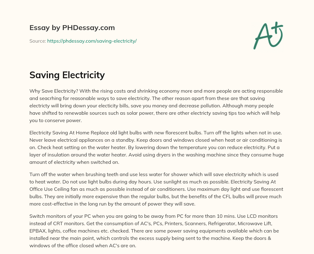 Saving Electricity (300 Words) - PHDessay.com