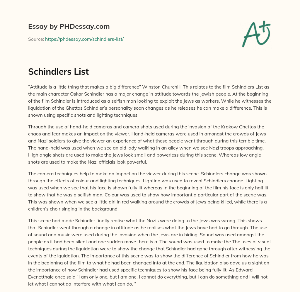 Schindlers List (500 Words) - PHDessay.com