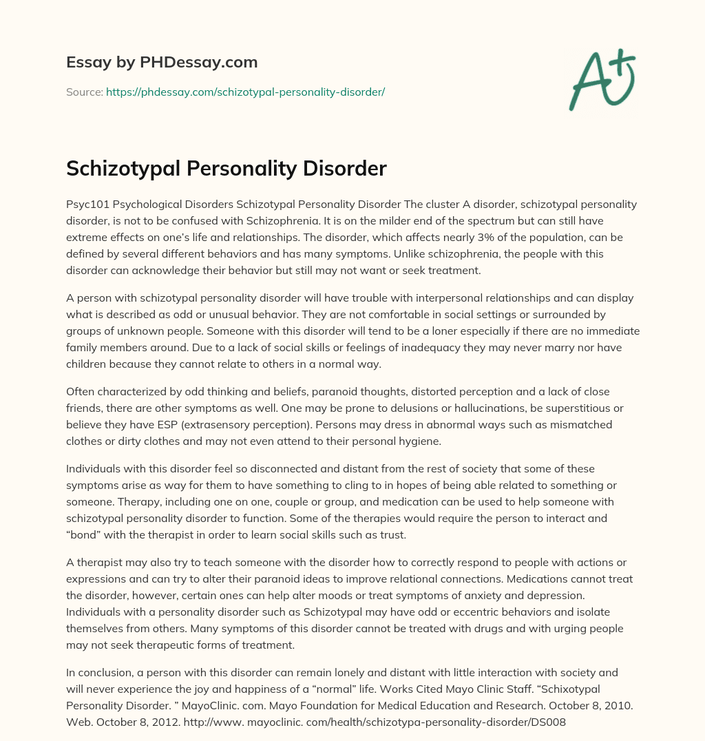 Schizotypal Personality Disorder (500 Words) - PHDessay.com