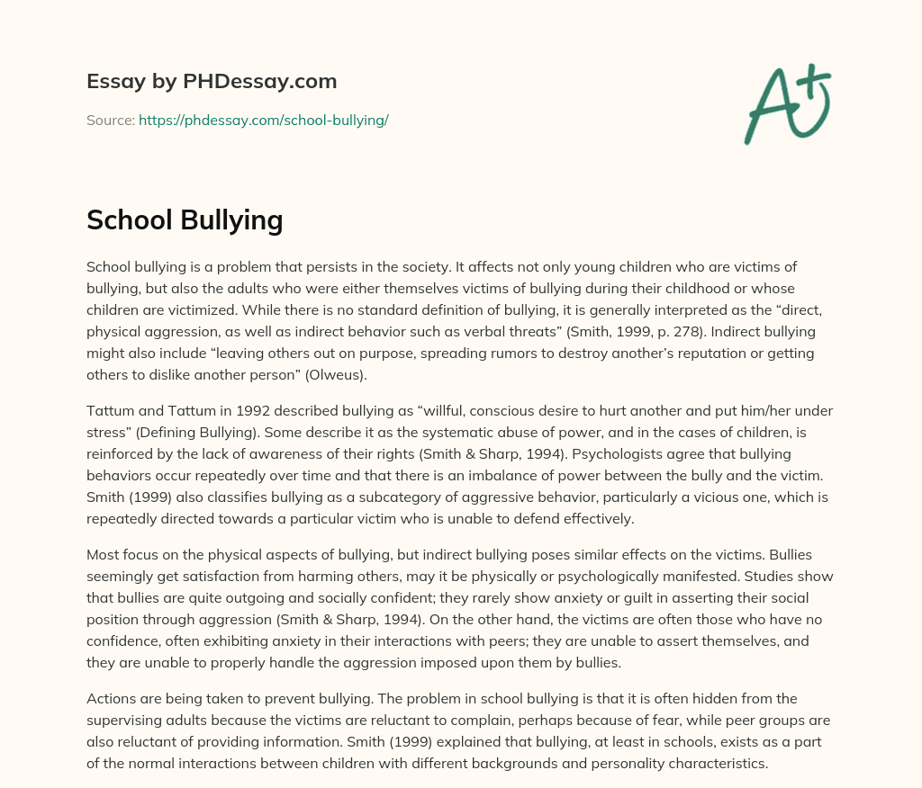 School Bullying (400 Words) - PHDessay.com
