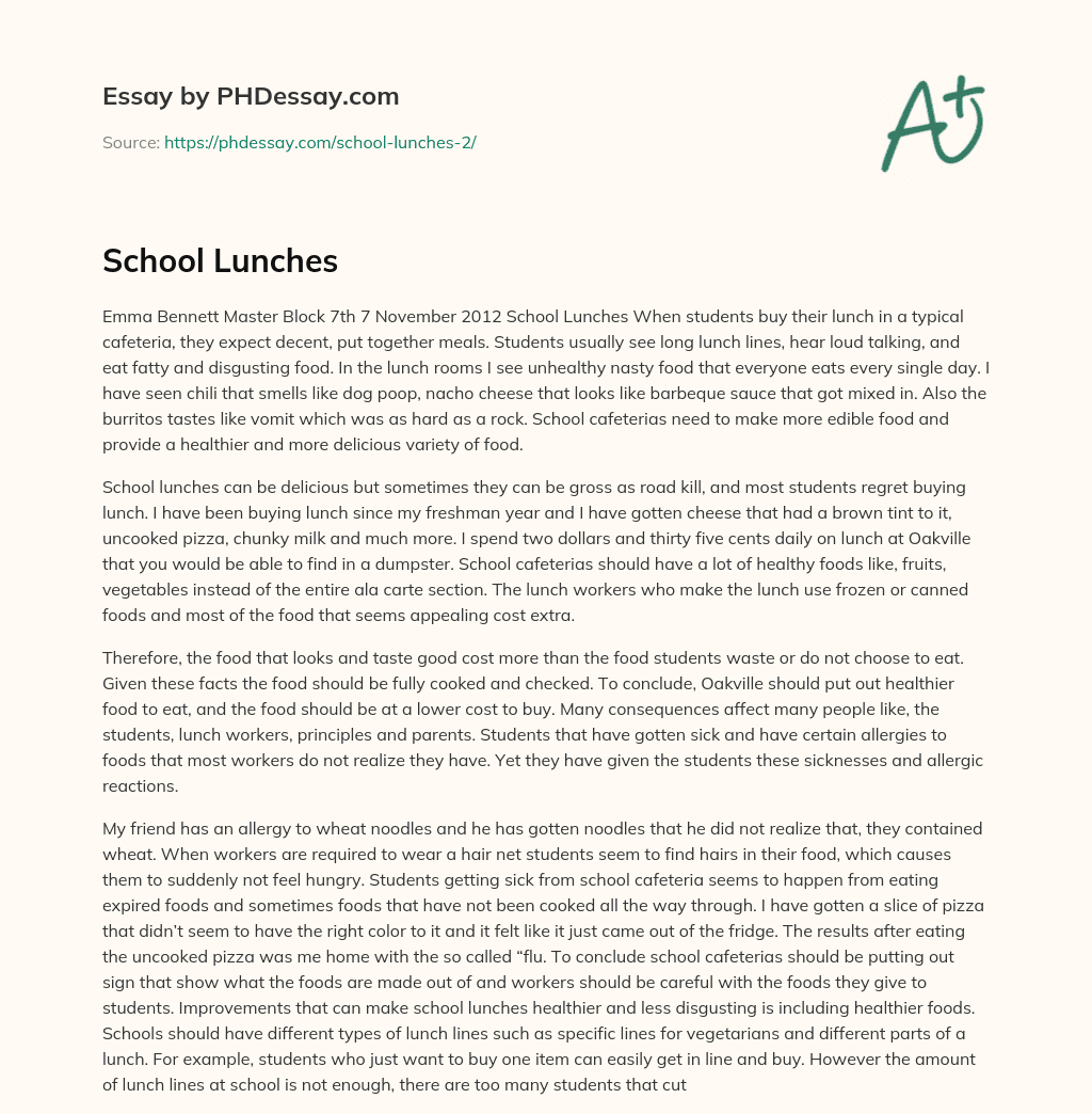 School Lunches - PHDessay.com