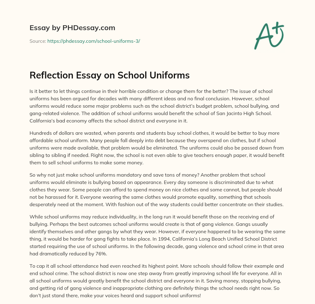 Reflection Essay on School Uniforms (400 Words) - PHDessay.com