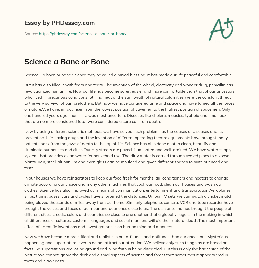 Science a Bane or Bone (600 Words) - PHDessay.com