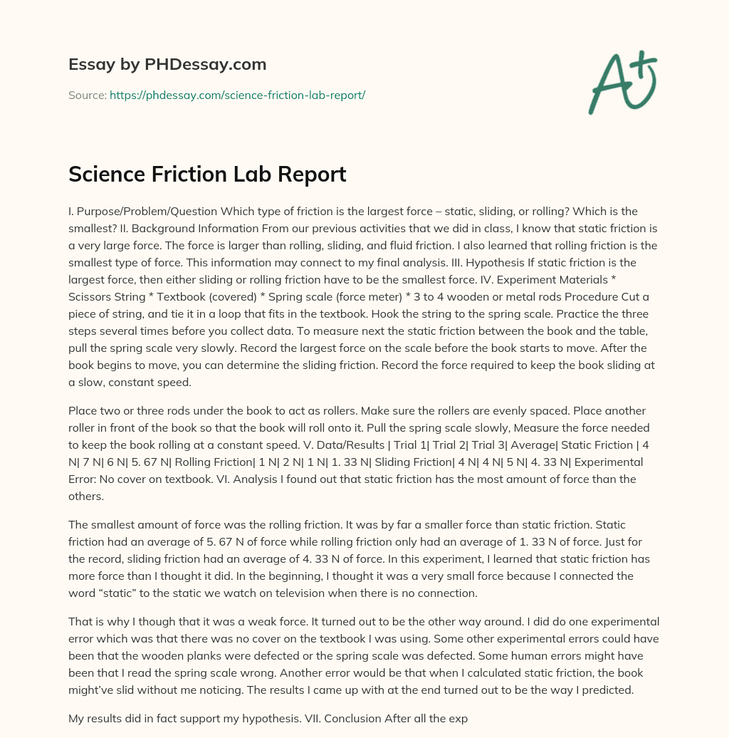 Science Friction Lab Report - PHDessay.com