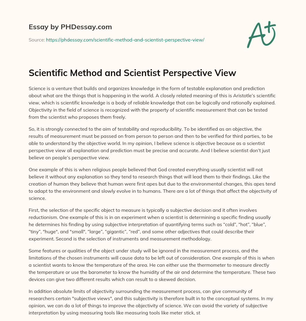 Scientific Method and Scientist Perspective View (600 Words) - PHDessay.com