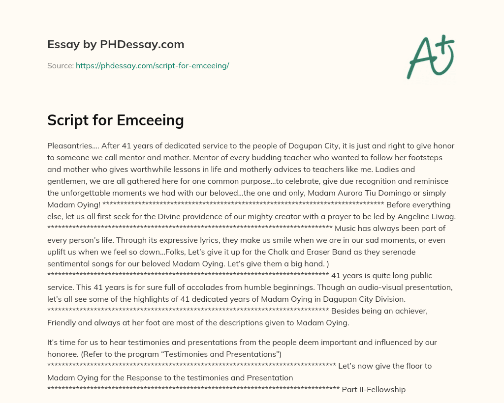 Script For Emceeing Essay Example (300 Words) - PHDessay.com