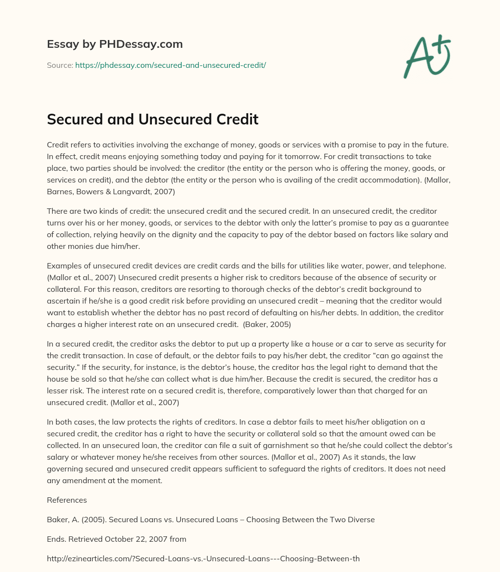 Secured and Unsecured Credit (500 Words) - PHDessay.com