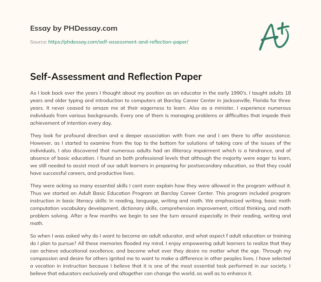 Self-Assessment and Reflection Paper (400 Words) - PHDessay.com