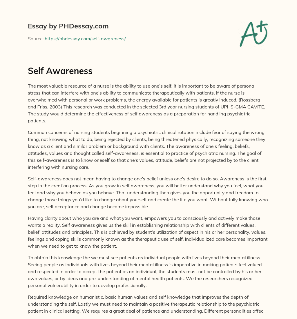 Self Awareness 500 Words PHDessay Self Awareness 500 Words PHDessay