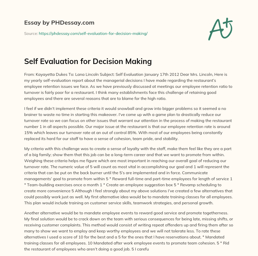 Self Evaluation for Decision Making - PHDessay.com