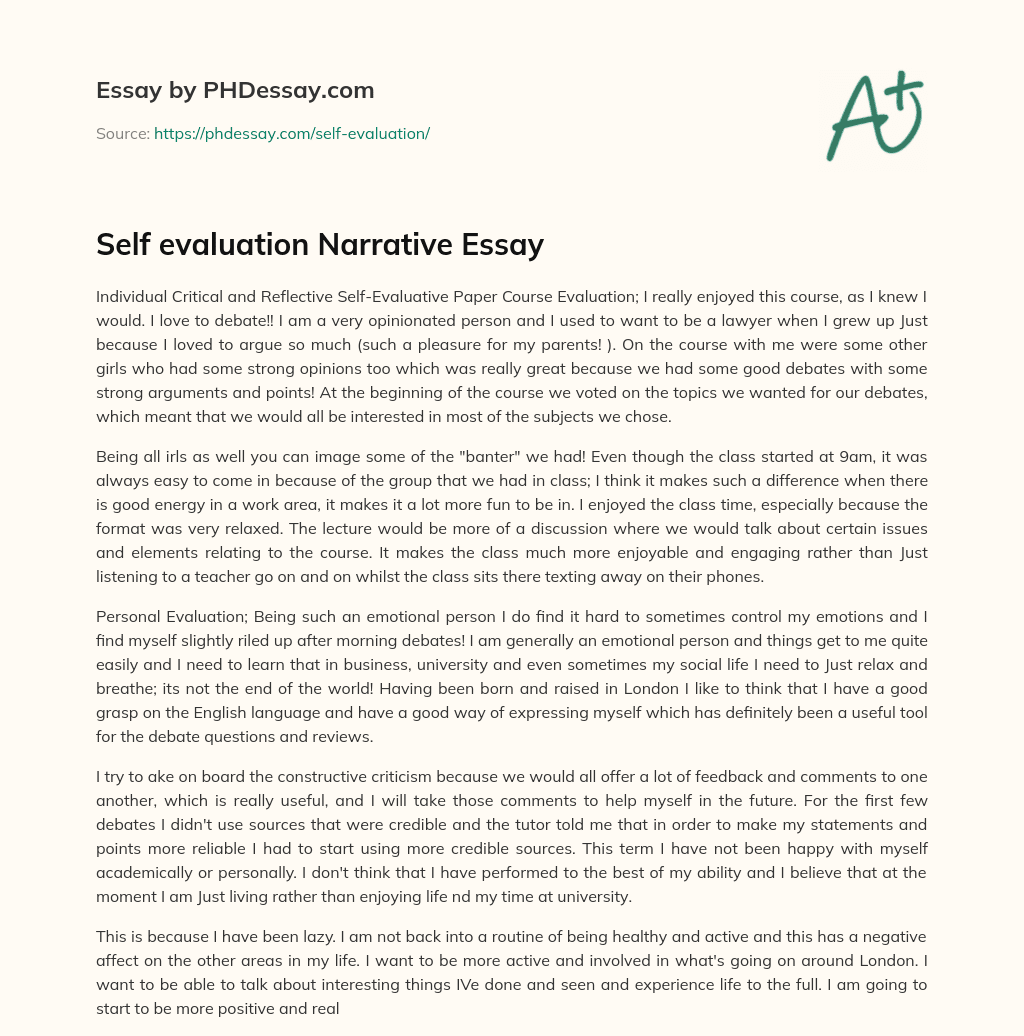 Self evaluation Narrative Essay (600 Words) - PHDessay.com