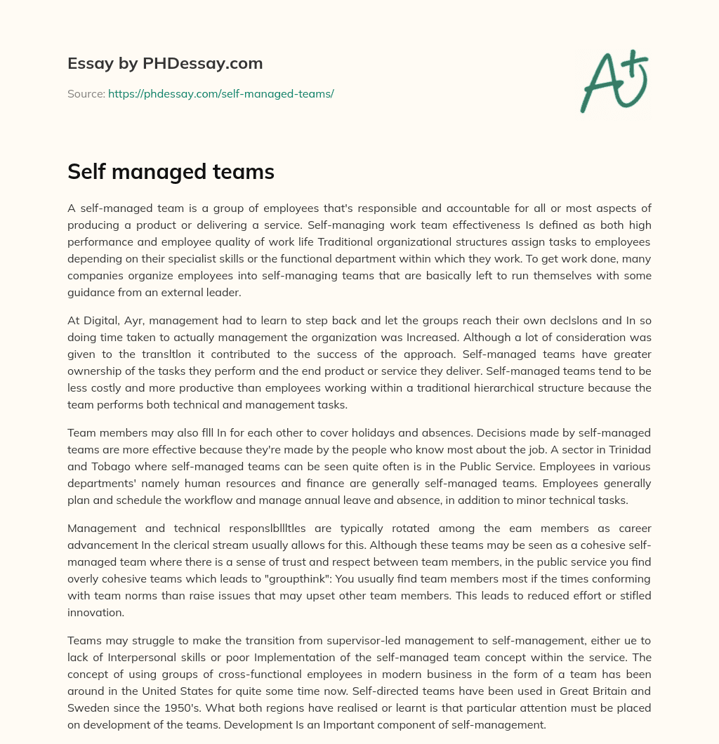 Self managed teams (500 Words) - PHDessay.com