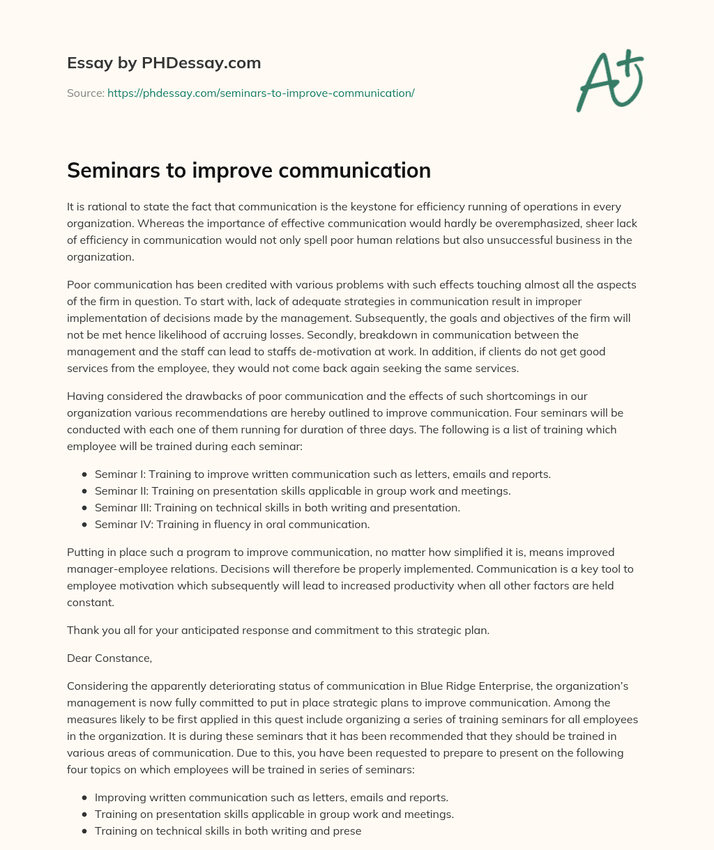 Seminars to improve communication (500 Words) - PHDessay.com