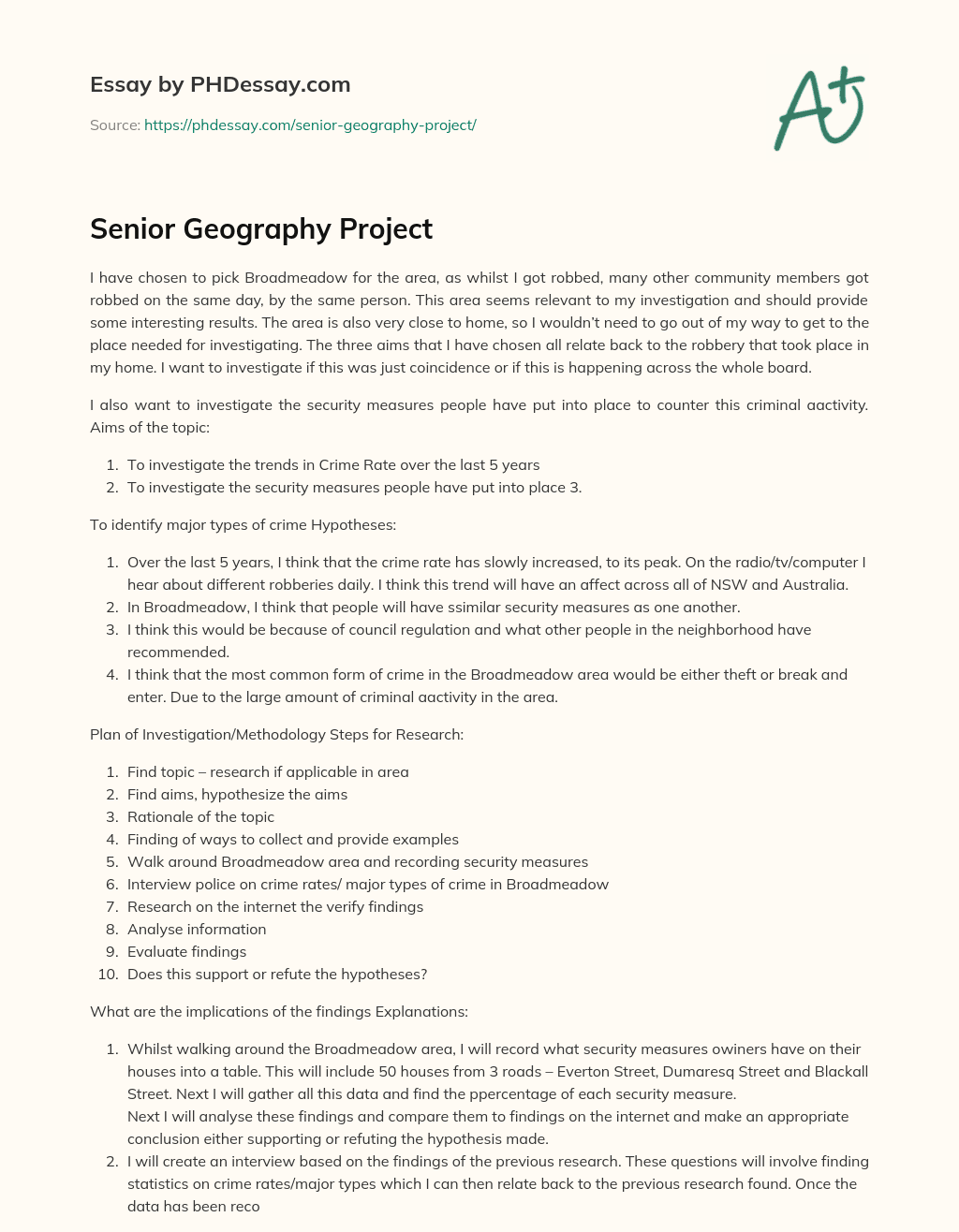 Senior Geography Project (500 Words) - PHDessay.com