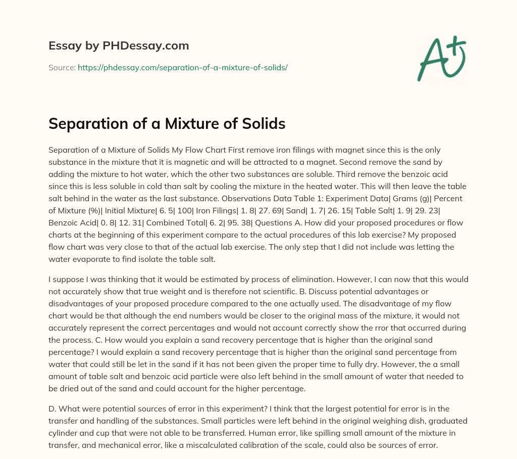 Separation of a Mixture of Solids (500 Words) - PHDessay.com