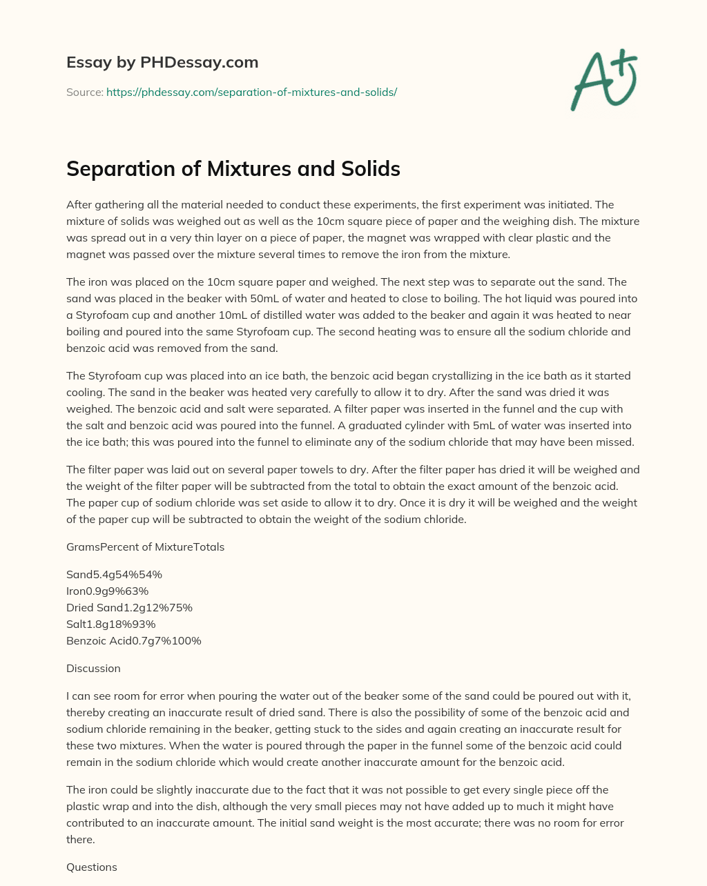 Separation of Mixtures and Solids - PHDessay.com