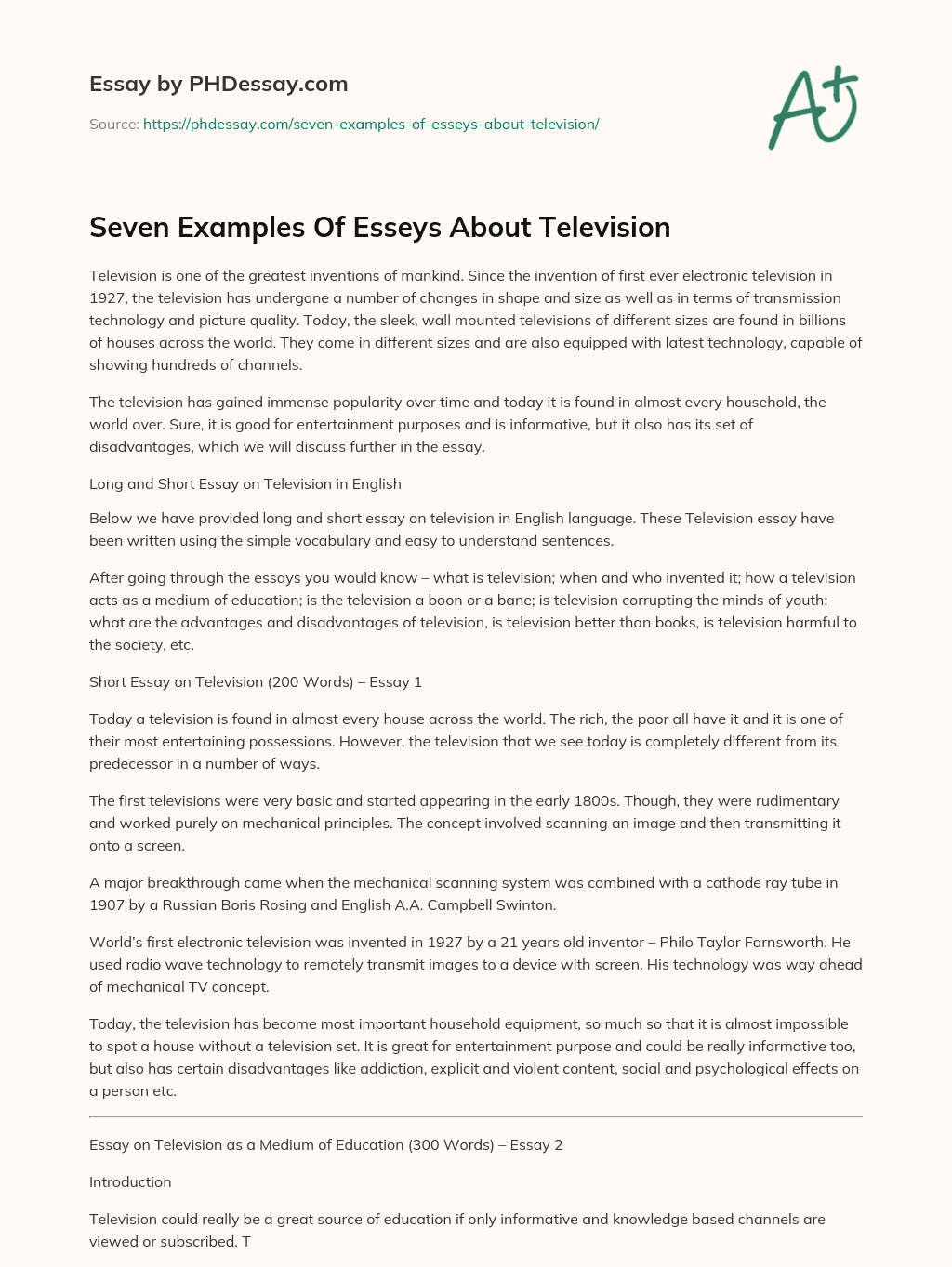 Seven Examples Of Esseys About Television Informative Essay Example ...