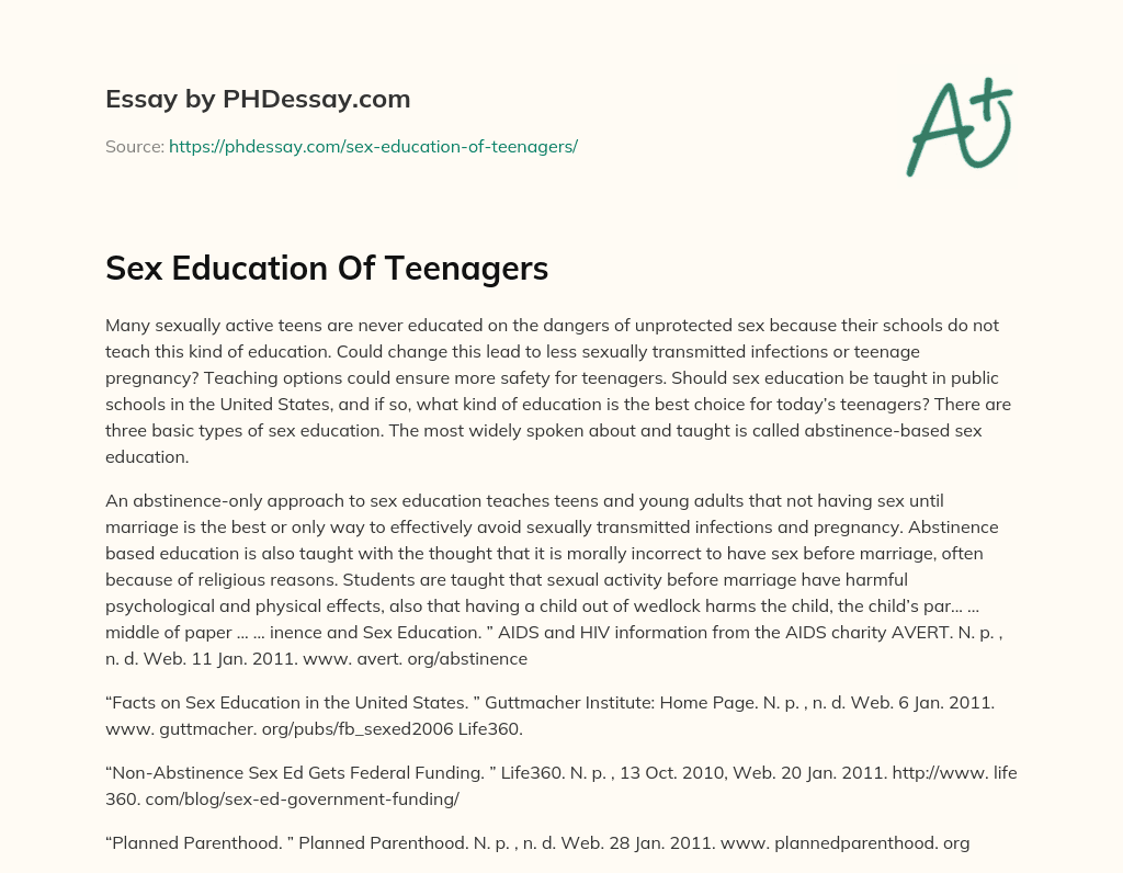 Sex Education Of Teenagers (300 Words) - PHDessay.com